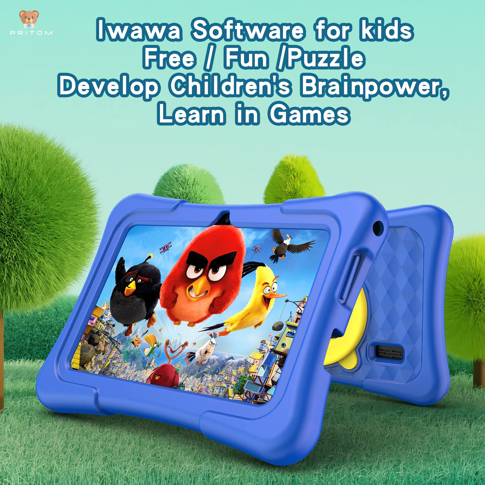 PRITOM Tablet for Kids, 7 inch Kids Tablets with WiFi, 32GB ROM, 2GB RAM, Bluetooth, Camera, Parental Control, Pre-Installed APPs, Games, Learning Educational Toddler Tablet with Case, Blue