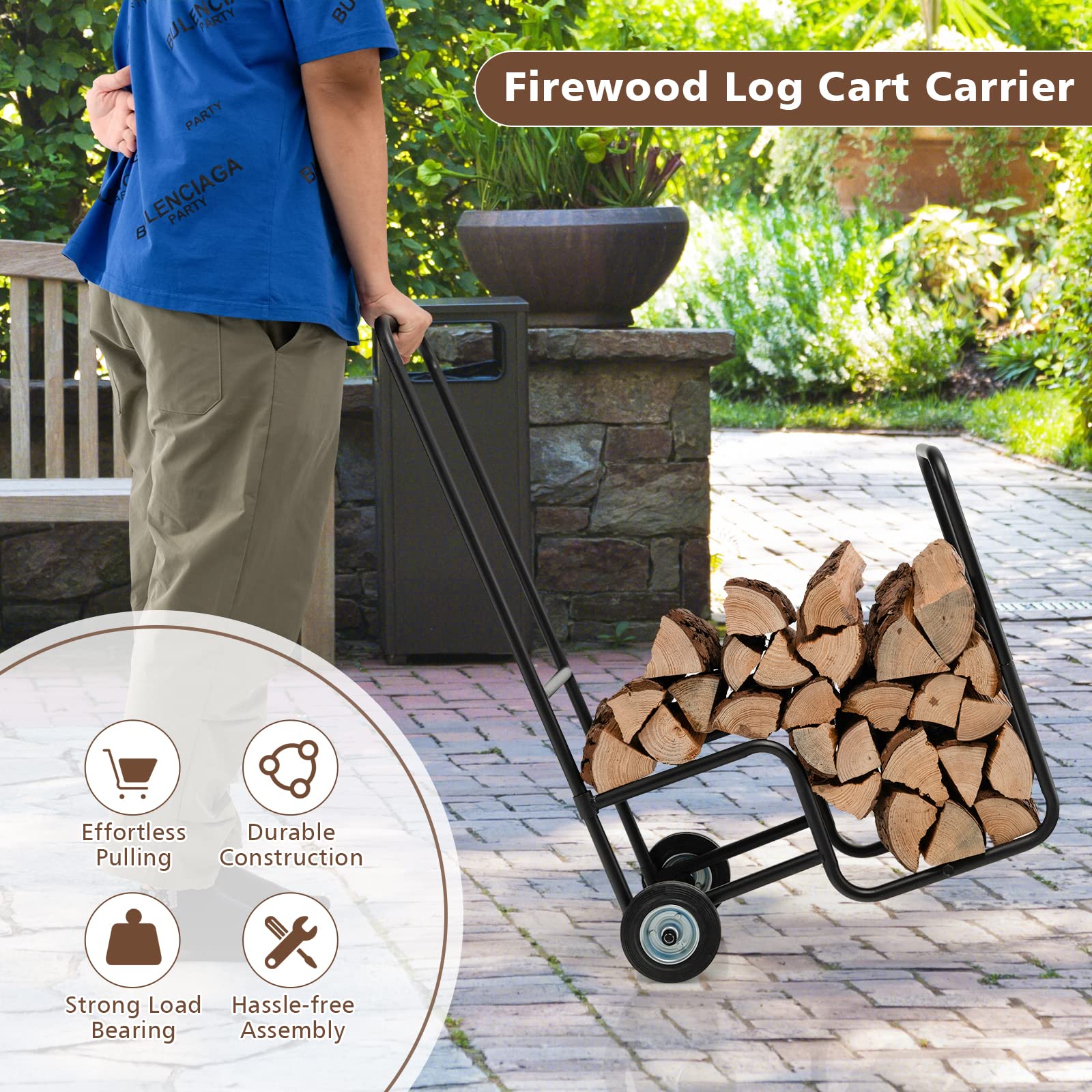 Safstar Firewood Log Cart Carrier, 2.9ft/35β Height Wood Rack Storage Mover w/2 Rubber Wheels & Ergonomic Handle, Heavy-Duty Steel Fireplace Log Carrier Mover, Rolling Firewood Cart for Indoor Outdoor