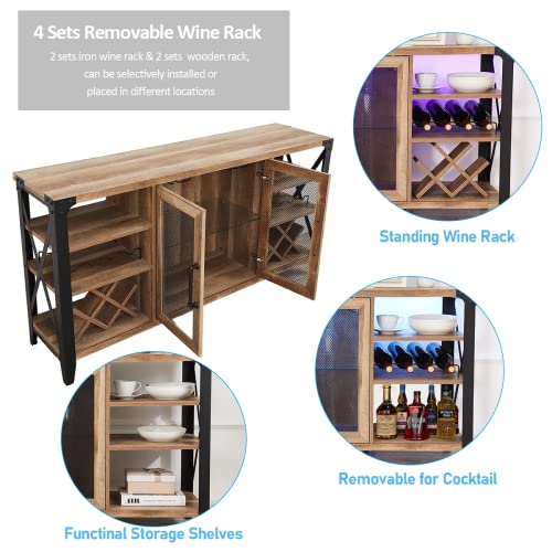 Vabches Wine Bar Cabinet for Liquor and Glasses, Farmhouse Coffee Cabinet, Home Living Room Dining Room, Sideboard Buffet with Storage Kitchen, 58 in(L) (Rustic Oak)