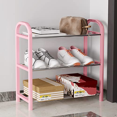 SHELAKET 3-Tier Small Shoe Rack, Lightweight 5-7 Pairs Shoe Shelf Storage Organizer,Sturdy Metal Standing Narrow Shoe Shelf for Closet Entryway Hallway(Pink)