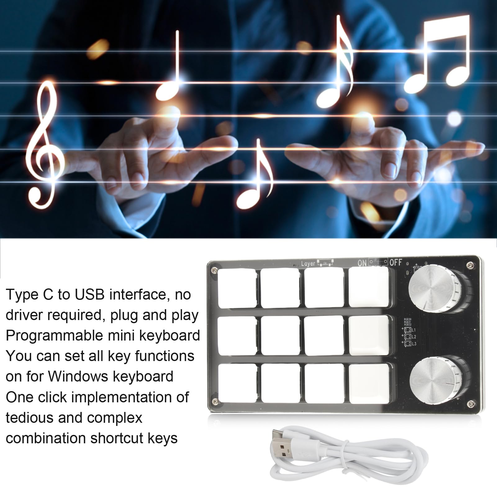 SUCIE One Handed Programmable Macro Keyboard, 12 Key RGB Mini Gaming Keyboard with 2 Knobs, DIY Multifunctional Shortcut Keypad Macro Keys PBT Keycaps for PC Computer Office(White)