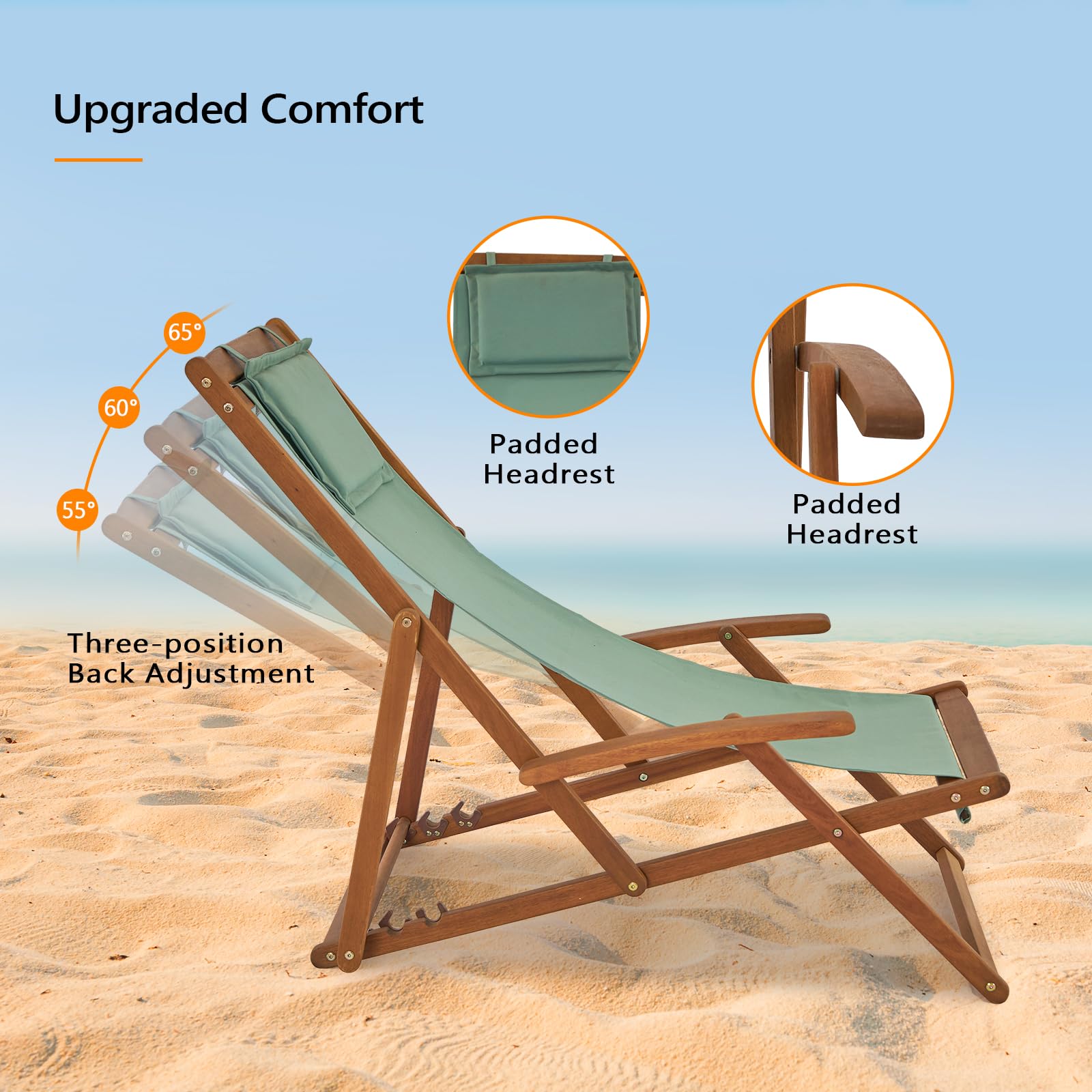 VINGLI Patio Sling Chairs, Outdoor Adjustable Beach Chair with Armrest & Pillowcase, Portable Folding Patio Lounge Chairs Chair for Porch, Poolside, Garden(1 Pack (1)