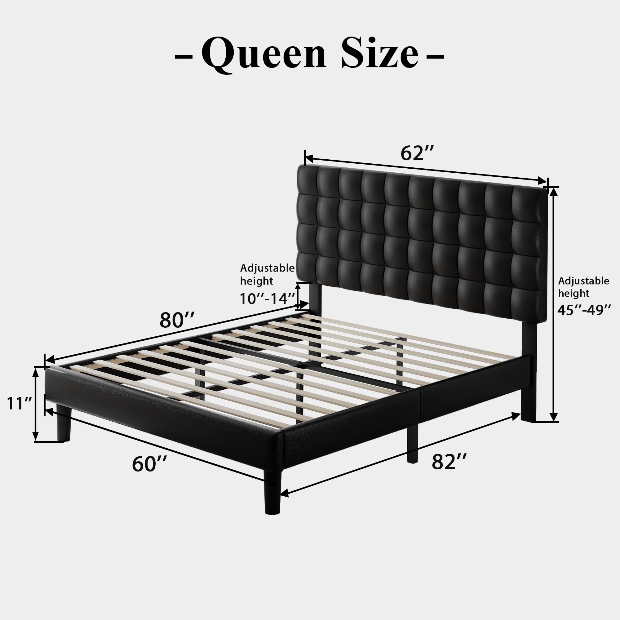 iPormis Queen Platform Bed Frame, Faux Leather Upholstered Bed Frame with Square Tufted Headboard, Wood Slats Support, No Box Spring Needed, Easy Assembly, Black