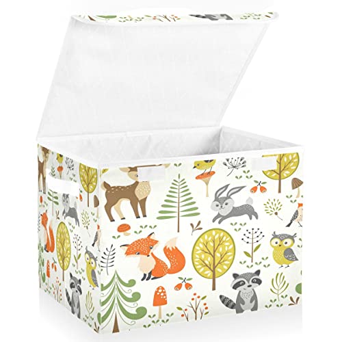 Storage Bins with Lids Foldable Storage Baskets Storage Cubes Collapsible Closet Organizer Containers with Cover Cute Woodland Animals Trees Mushrooms and Berries for Home Office Organizer Closet, She