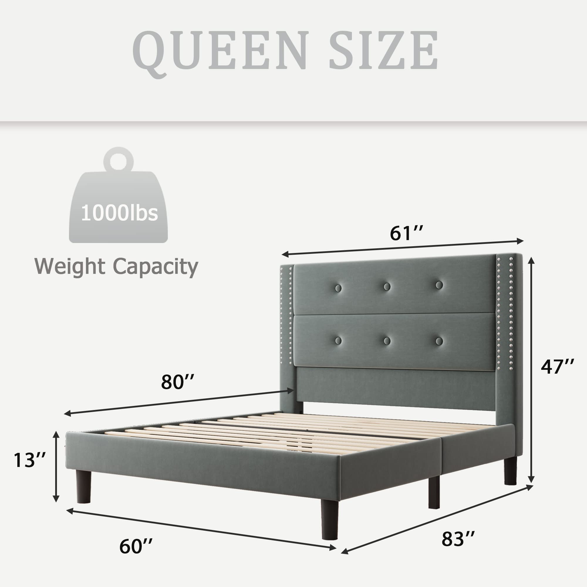 iPormis Queen Size Platform Bed Frame, Velvet Upholstered Bed Frame with Button Tufted & Nailhead Headboard, Wooden Slats Support, No Box Spring Needed, Noise-Free, Gray