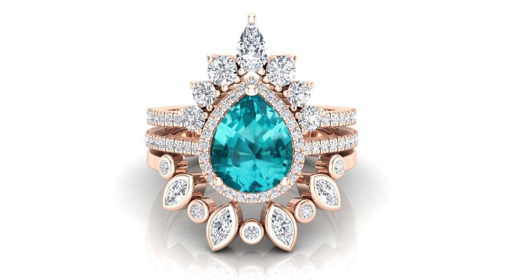 Pear 10x8mm Lab Grown Paraiba Tourmaline Engagement Ring Set, Antique 3Pcs Wedding Ring Set For her, Vintage Halo Ring, Teardrop Stone Ring (WHITE, 8)