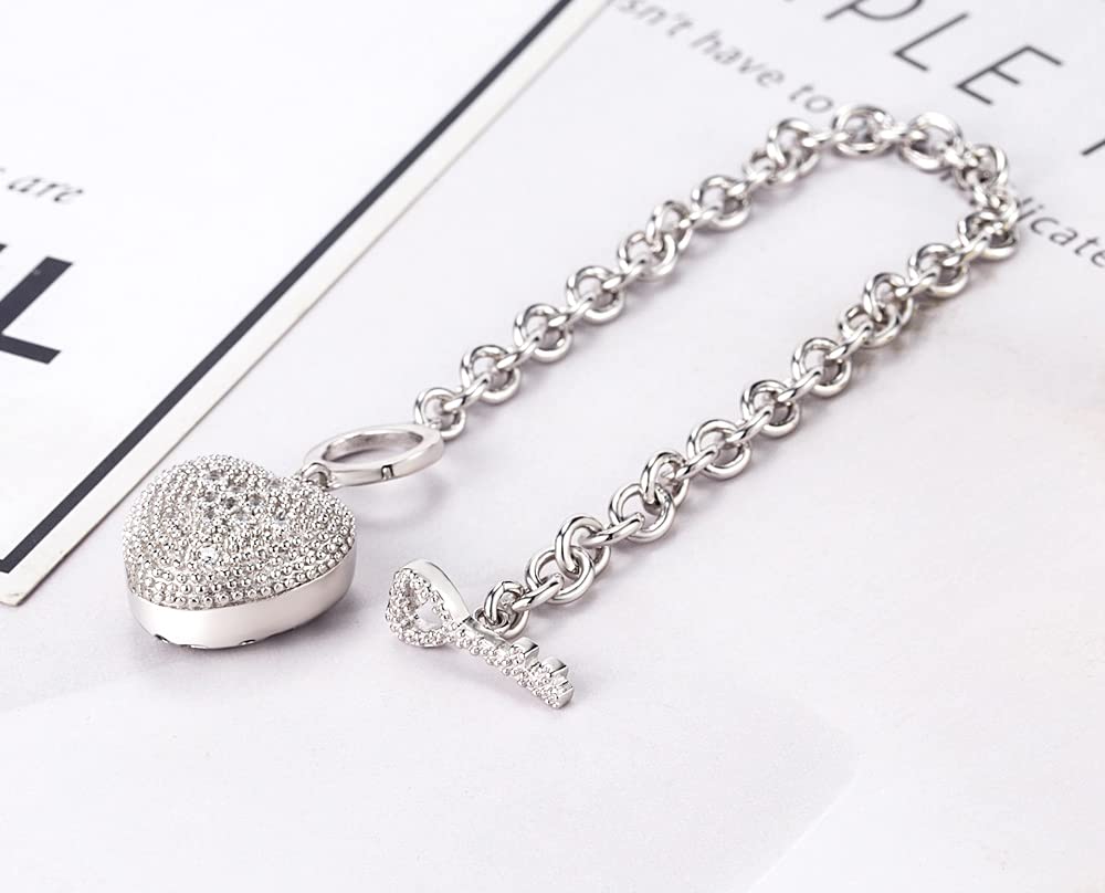 Meilanduo Solid 925 Sterling Silver Rolo Chain Link Bracelet with Key Heart Pendant ALL SIZE for Women (6.3)