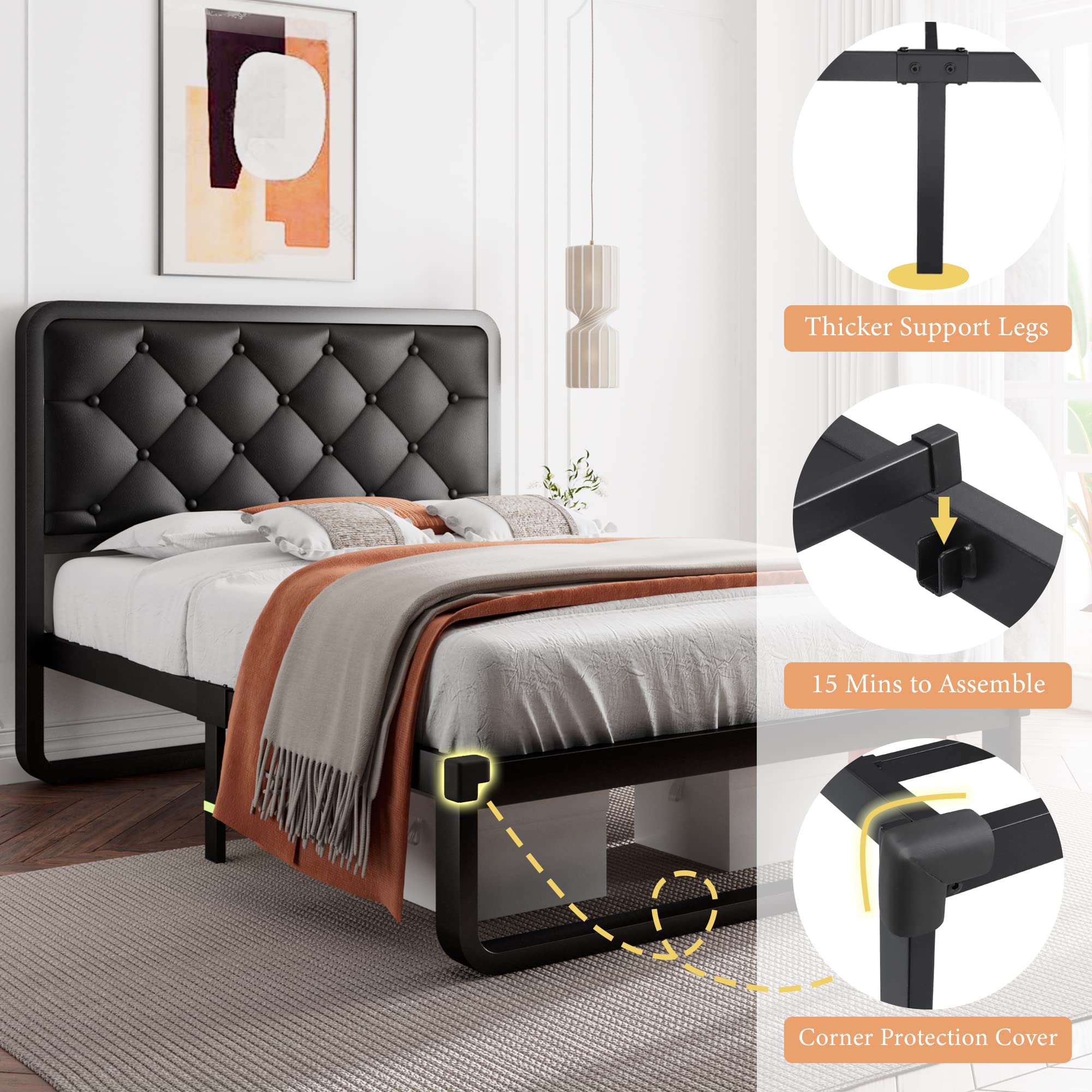 iPormis Queen Size Metal Bed Frame with Velvet Button Tufted Headboard, Curved Platform Bed Frame, Thicker Metal Steel Slats Support, 12'' Under-Bed Space, Noise-Free, Easy Assembly, Gold & Grey