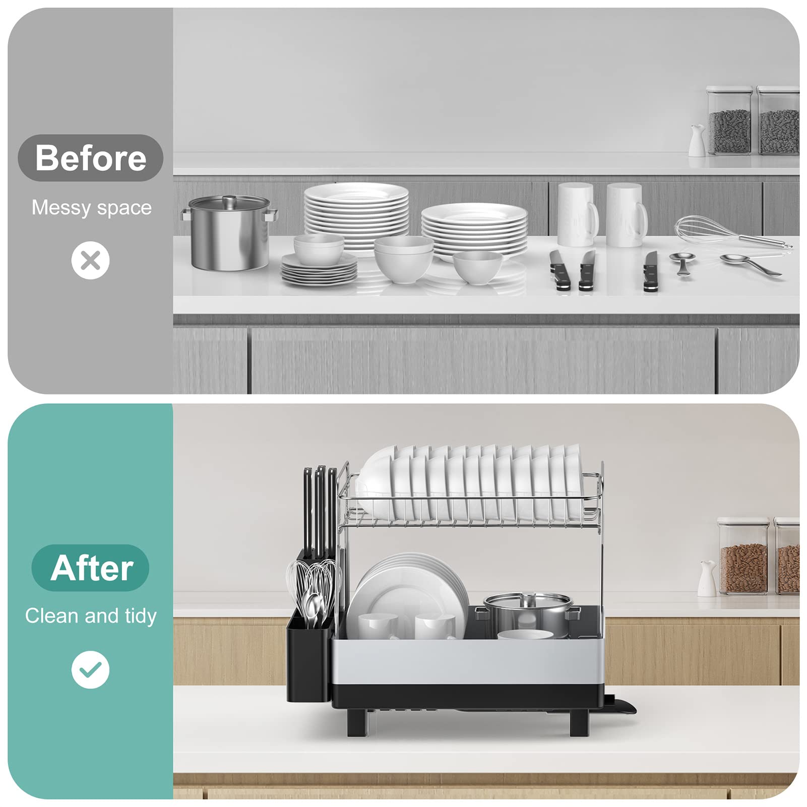 Klvied 2 Tier Dish Drying Rack 360 Degrees Swivel Spout, Silver