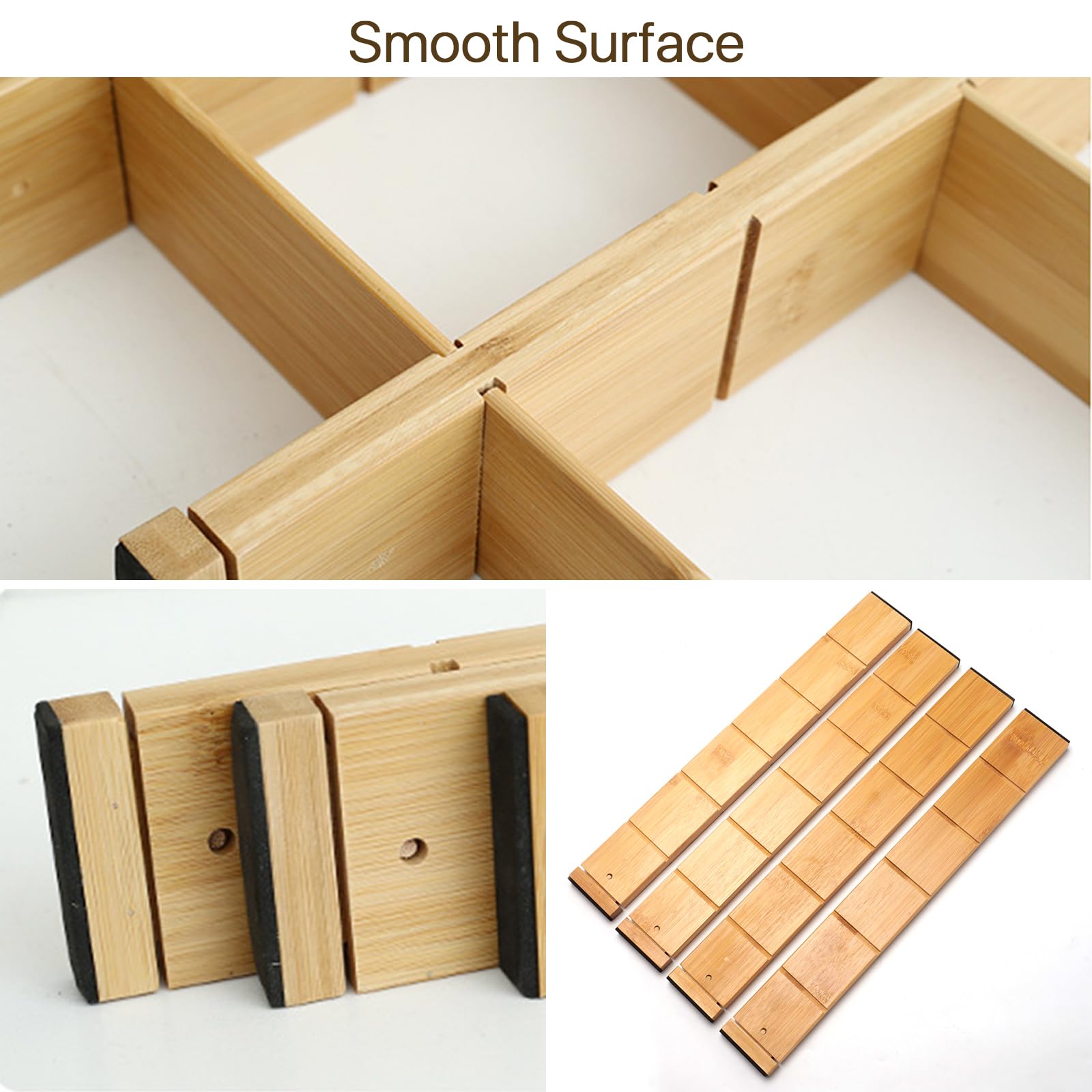 SUEIANNMN 4PCS Expandable Drawer Dividers Set with 12 Inserts Kitchen Drawer Organiser, Bamboo Customisable Cutlery Organiser Desk Drawer Organizer Clothes Drawer Organisation (17-22in)