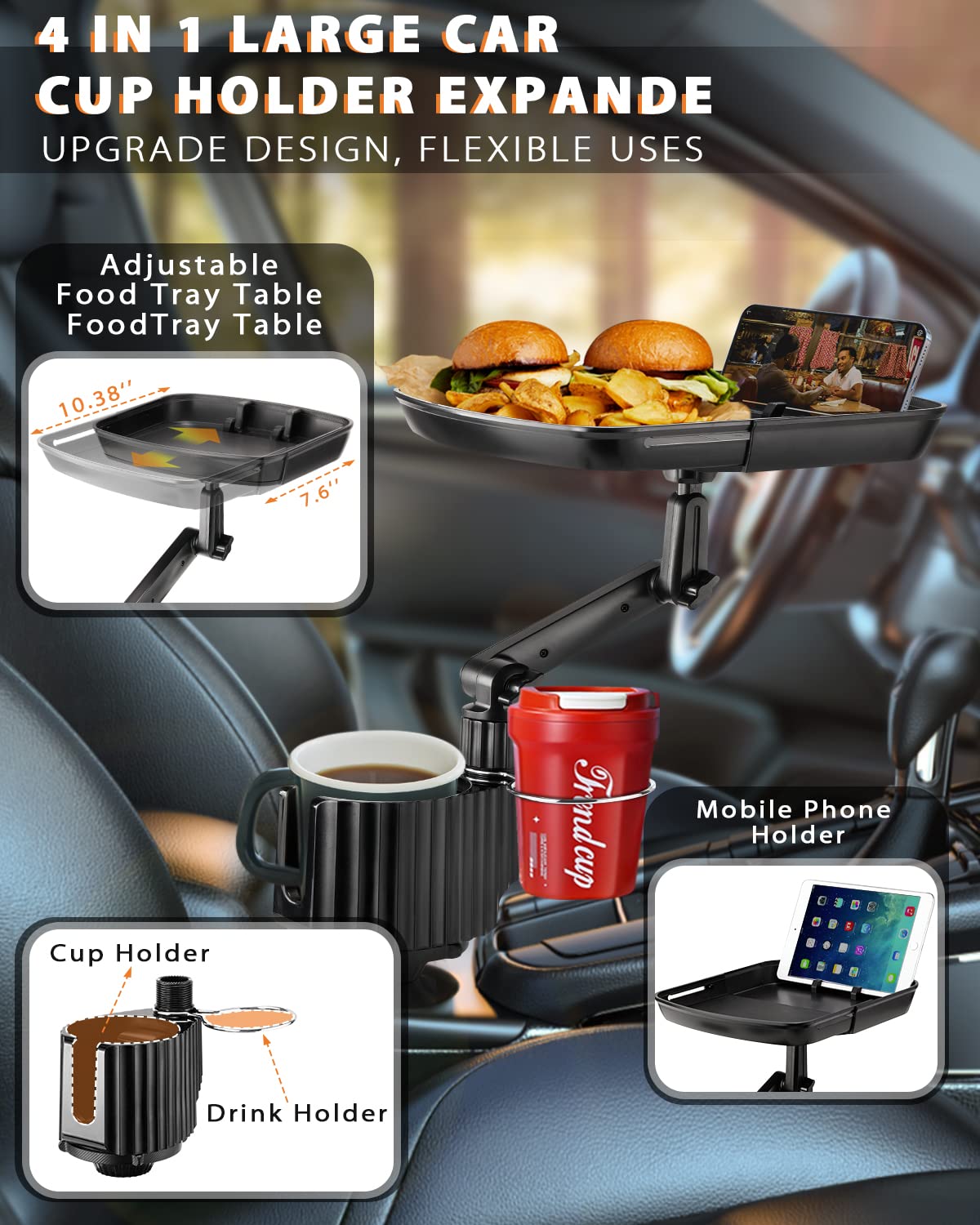 IPOW 4-in-1 Car Cup Holder Expander Tray,Detachable Upgraded Food Tray Expandable Dual Cup with Phone Holder,360°Rotation Adjustable Base,Road Trip Essentials Accessories for Drinking and Eating