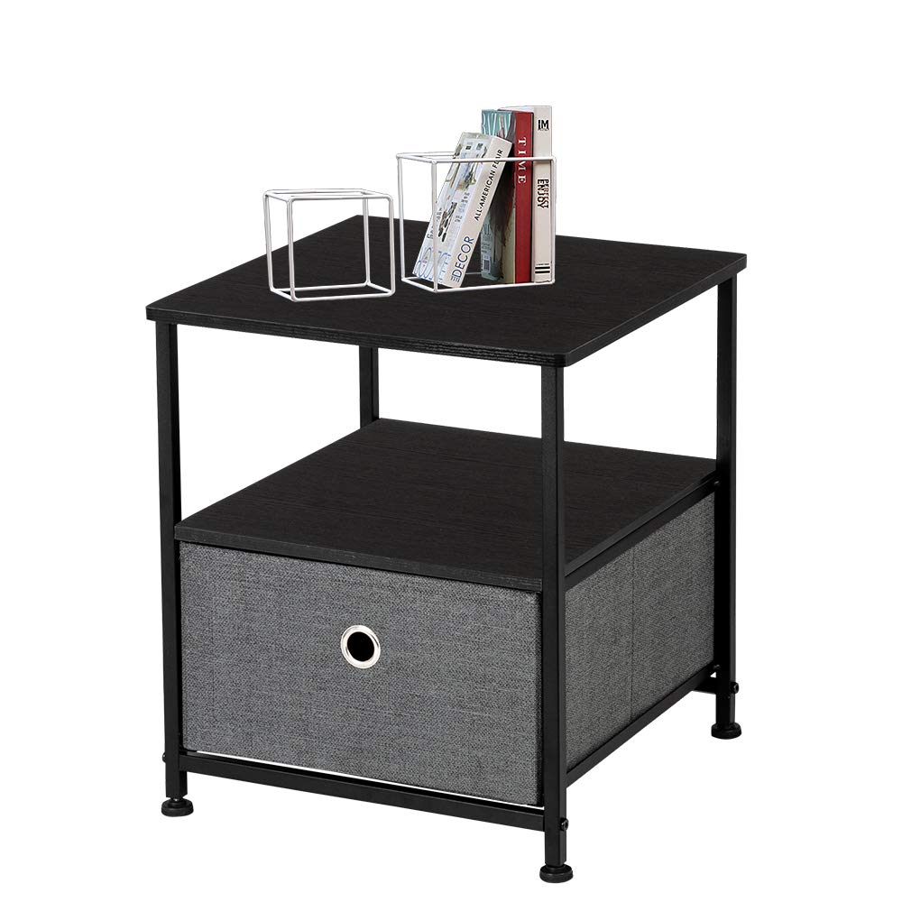 Kcelarec Nightstand 1-Drawer Shelf Storage- Bedside Furniture & Accent End Table Chest for Home, Bedroom, Office, College Dorm, Steel Frame, Wood Top, Easy Pull Fabric Bins (Grey)
