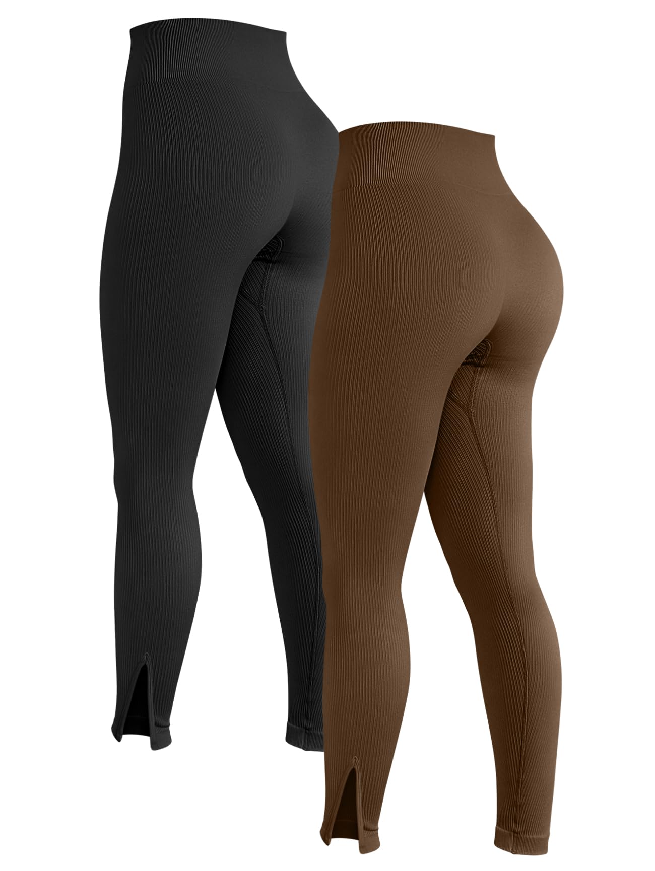 OQQ Women's 2 Piece Workout Tummy Control Ribbed Gym Exercise Yoga Pants, Black Coffee, Medium