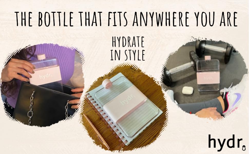 hydr | 15oz Flat Water Bottle For Purse & Flexible Cleaning Brush | BPA Free Square Water Bottle | Leak/Drop Proof Slim Water Bottles For Travel, small water bottle