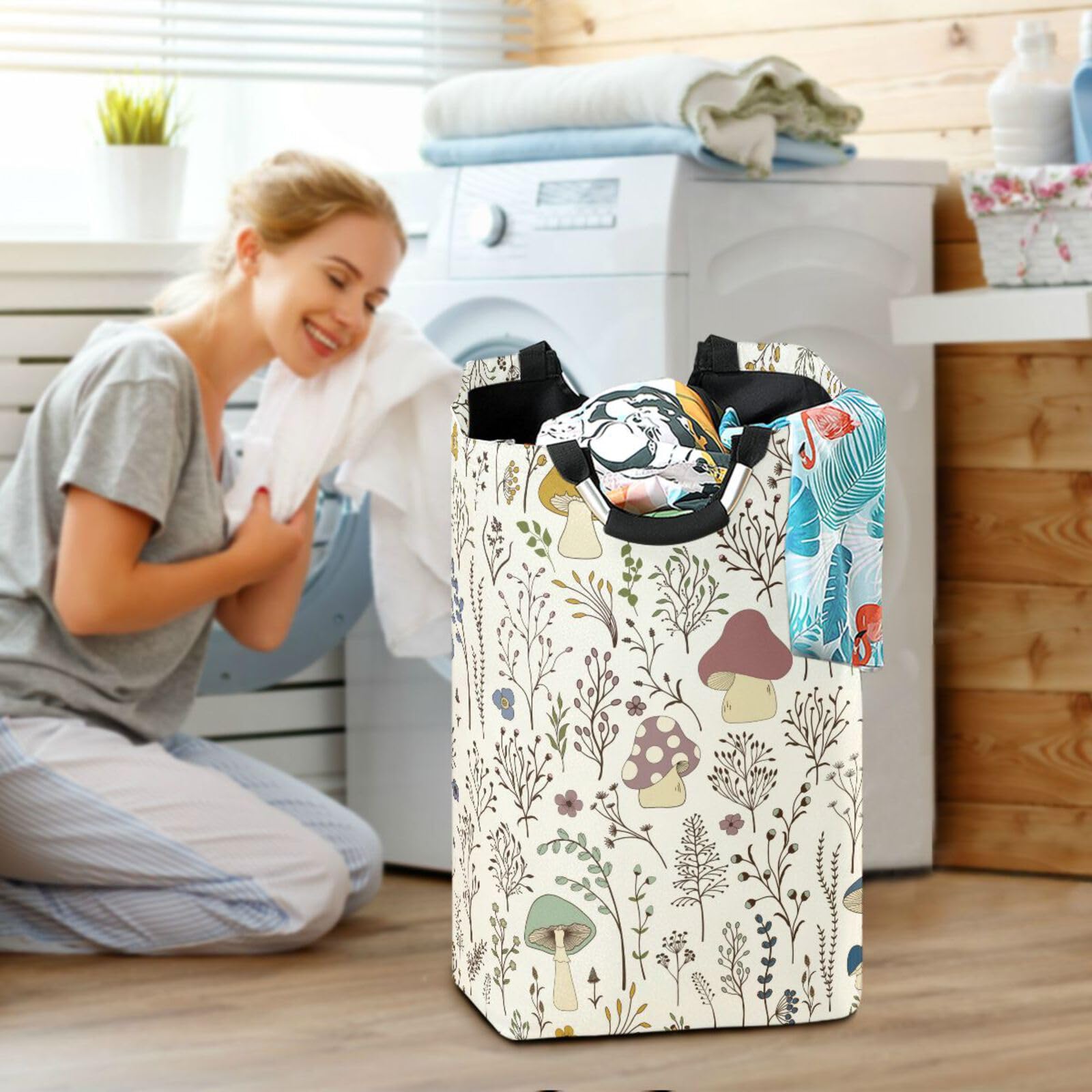 xigua Mushroom Laundry Basket, Large Foldable Dirty Clothes Laundry Hamper with Handles for Bathroom, Bedroom, College Dorm, Kids Room
