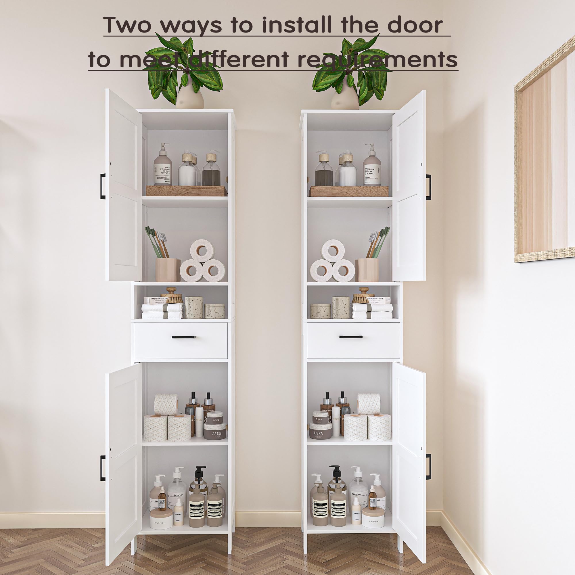 Homhedy 67" H Tall Bathroom Storage Cabinet with 2 Barn Doors and 1 Drawer,Storage Cabinet, Adjustable Shelves,Floor Cabinet for Bathroom, Living Room, Entryway, Kitchen, White