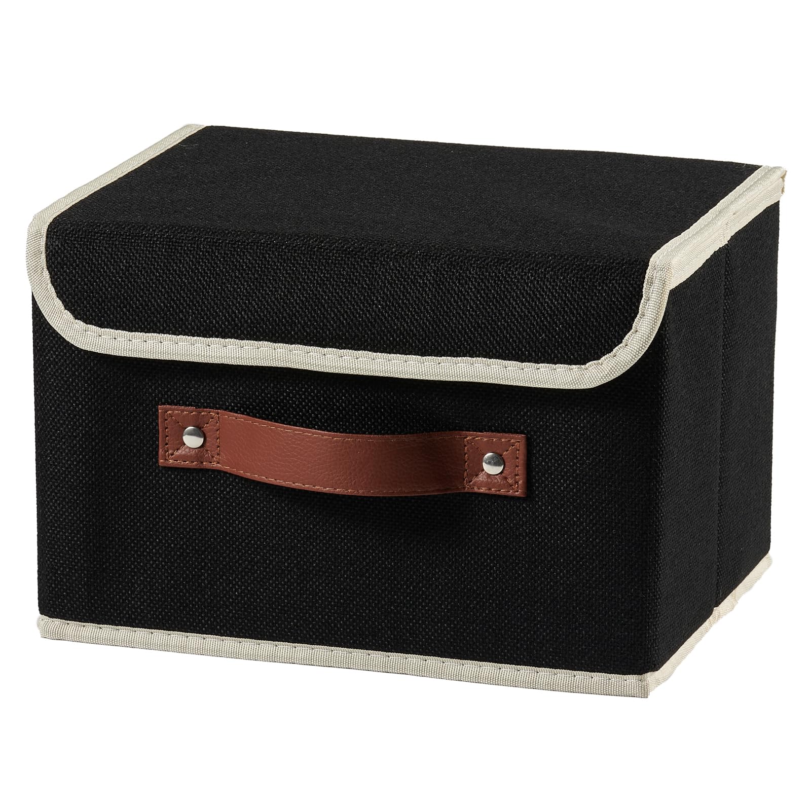 VinneGenzz Storage Boxes with Lid Cotton Linen Fabric Storage Bins Organizer Container Decorative Collapsible Washable Shelf Baskets Faux Leather Handles for Home Bedroom Closet (Black, Small Size)