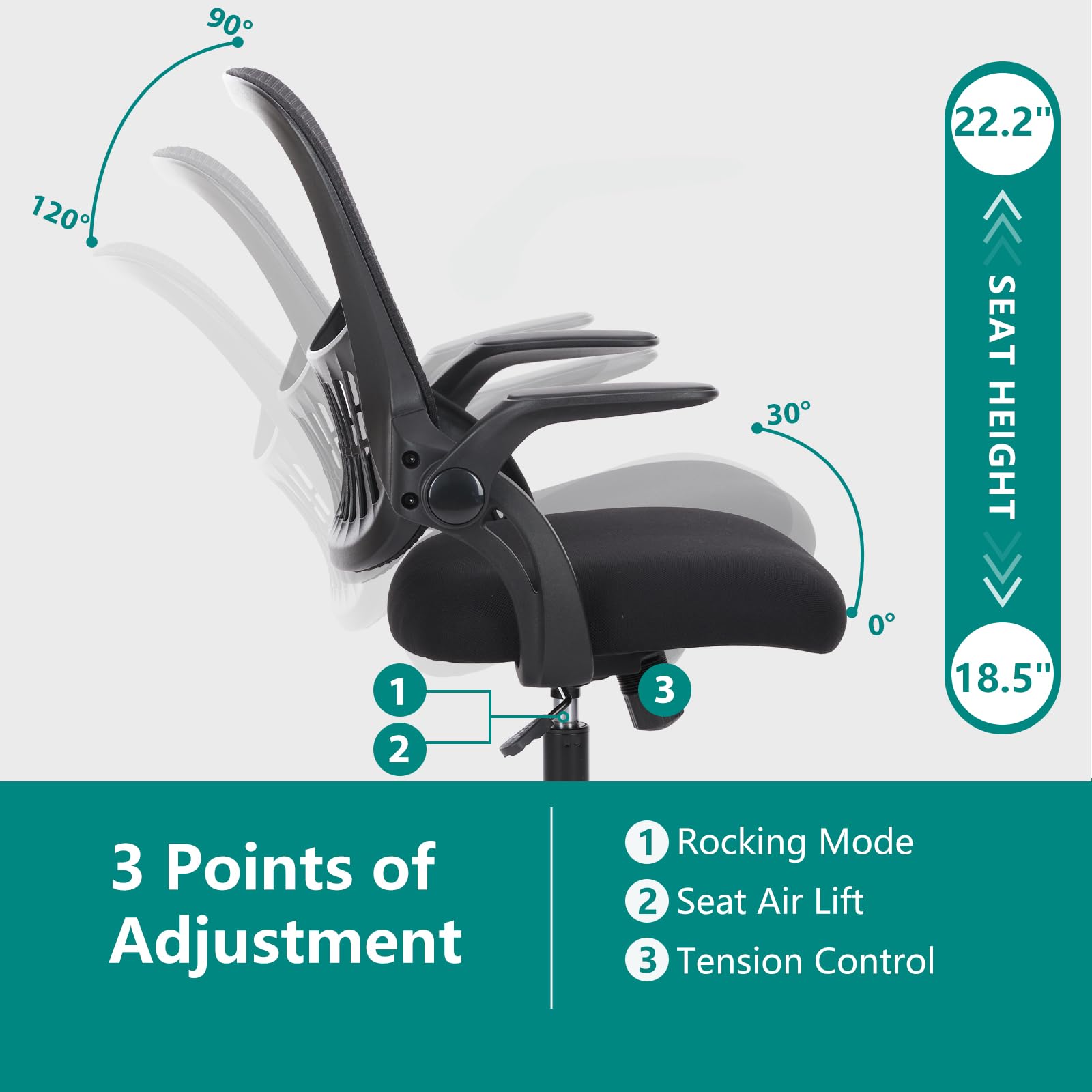 JHK Office Desk Computer Flip-up Armrests, Adjustable Height Mid Back Lumbar Support Padded Seat, Ergonomic Home 360° Swivel Rolling Rocking Mode Breathable Mesh Modern Executive Chair, Dark Black