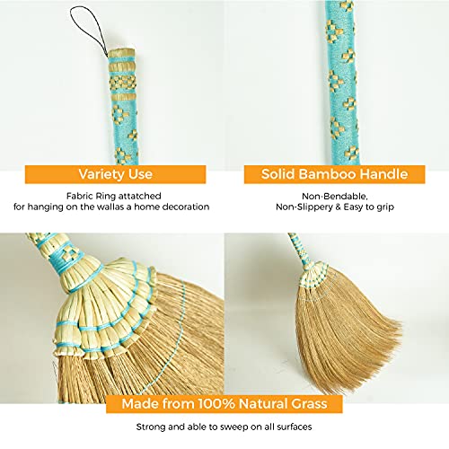 SN SKENNOVA - Asian Broom Thai Pattern Vintage Retro Natural Grass Broom Handmade (Blue)