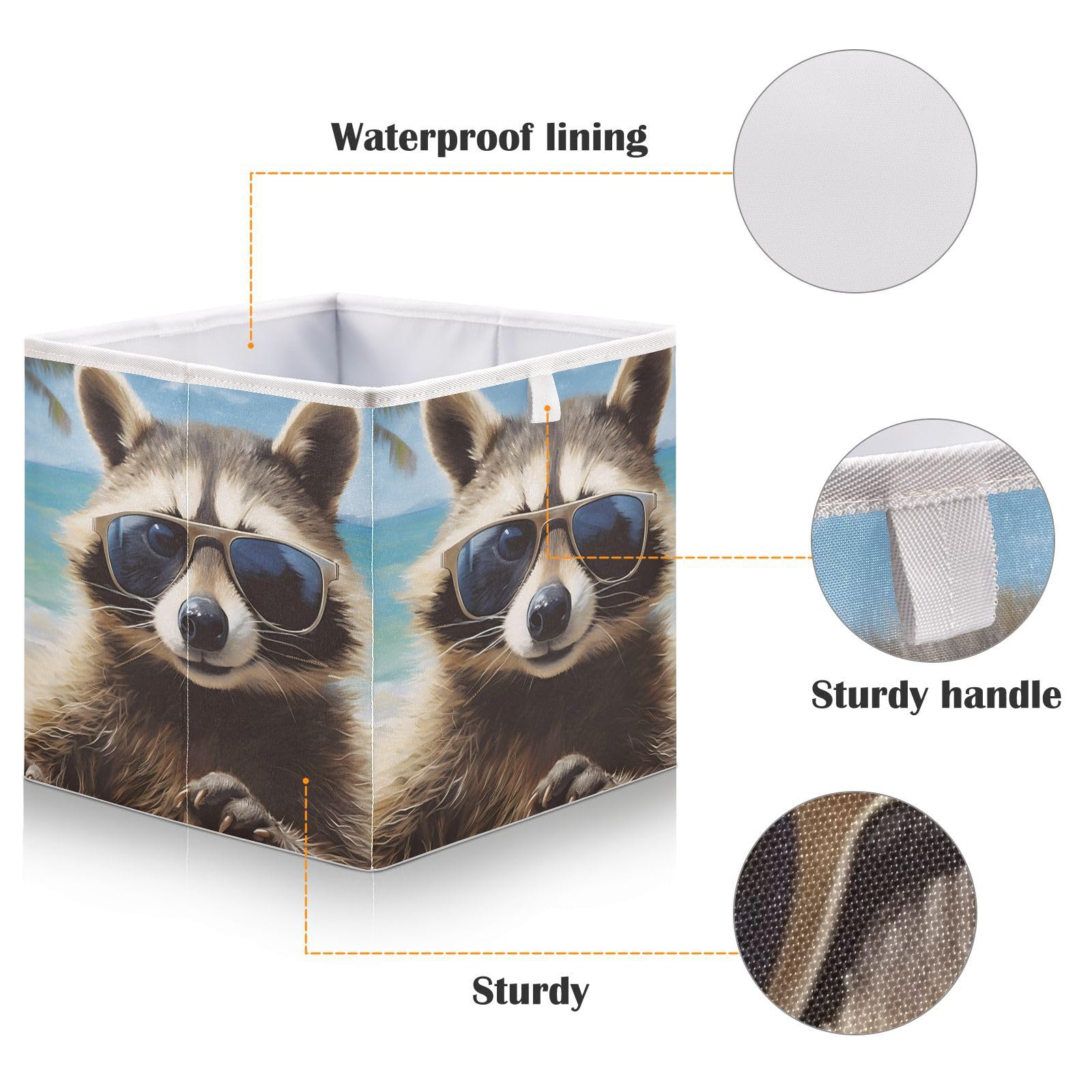 YMGQYJ Collapsible Storage Cube Beach Raccoon Print, Organizing Baskets with Reinforced Board for Shelf Closet Cabinet 11×11×11 in