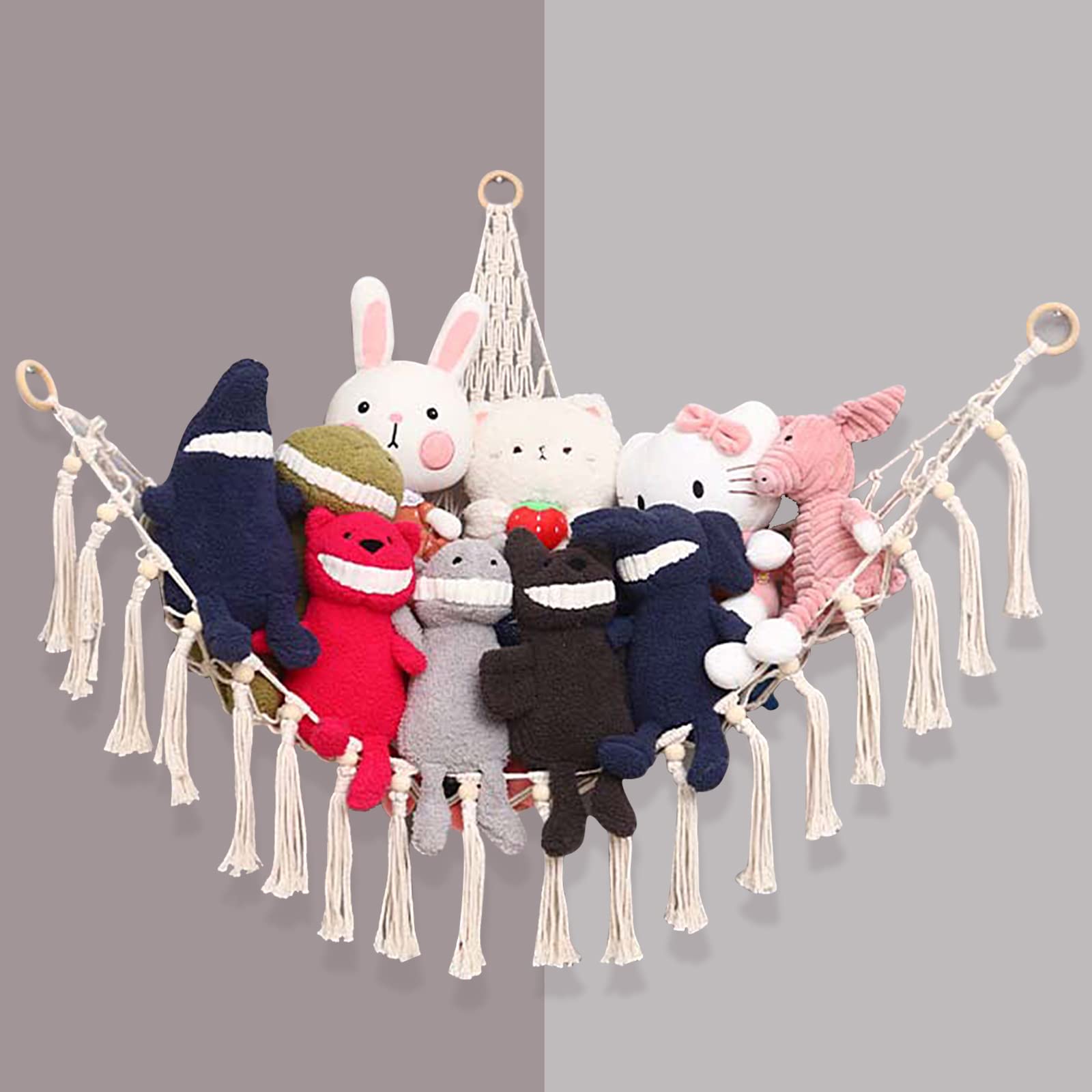 Stuffed Animal Net or Hammock With Led Light,Boho Decor Toy Hammock for Stuffed Animals with 6 Pcs Hooksand Macrame,Triangle Hanging ,Hanging Corner Toy Organizer Net for Playroom Bedroom Nursery Crib