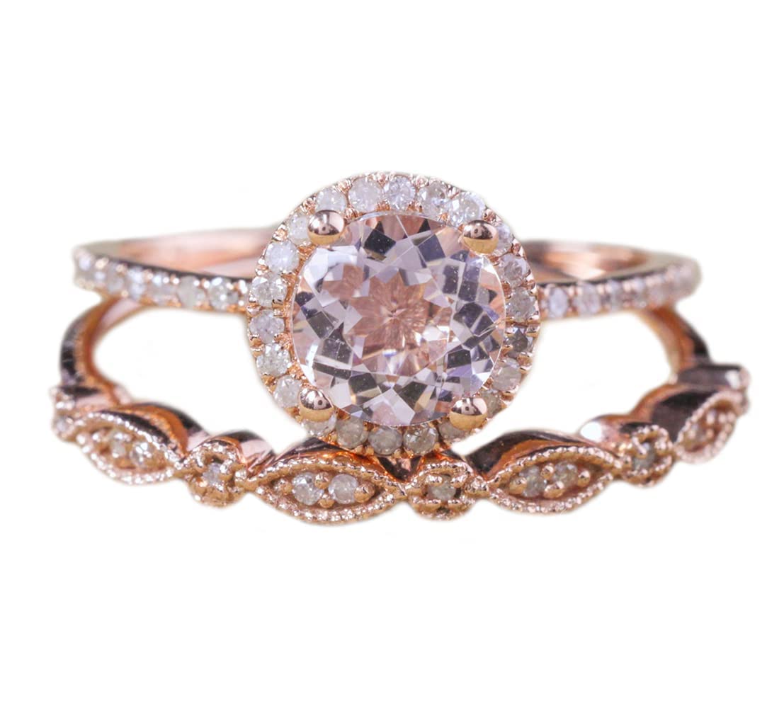 Koguxuix 18K Rose Gold Ring Set Pink Elegant Morganite CZ Crystal Gemstone Wedding Bridal Ring Set (9)