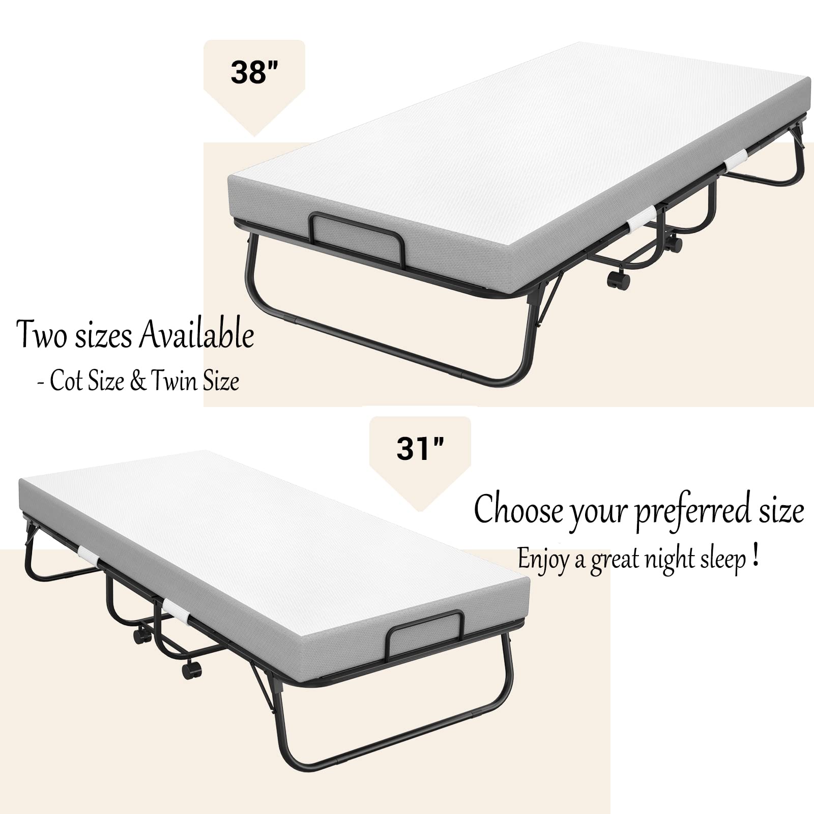 Homieasy Folding Bed with Mattress, 6 Adjustable Positions Backrest, Foldable Bed with Storage Cover, Rollaway Bed for Adults with Memory Foam Mattress and Metal Frame, Cot Size Extra Bed (75β x 31β)