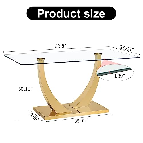 Wlvos 62.8" Rectangular Glass Dining Table for 4-6 with 0.39" Tempered Glass and Golden Chrome Metal Special-Shaped Bracket, for Kitchen Dining Living Meeting Room Banquet Hall (Golden)
