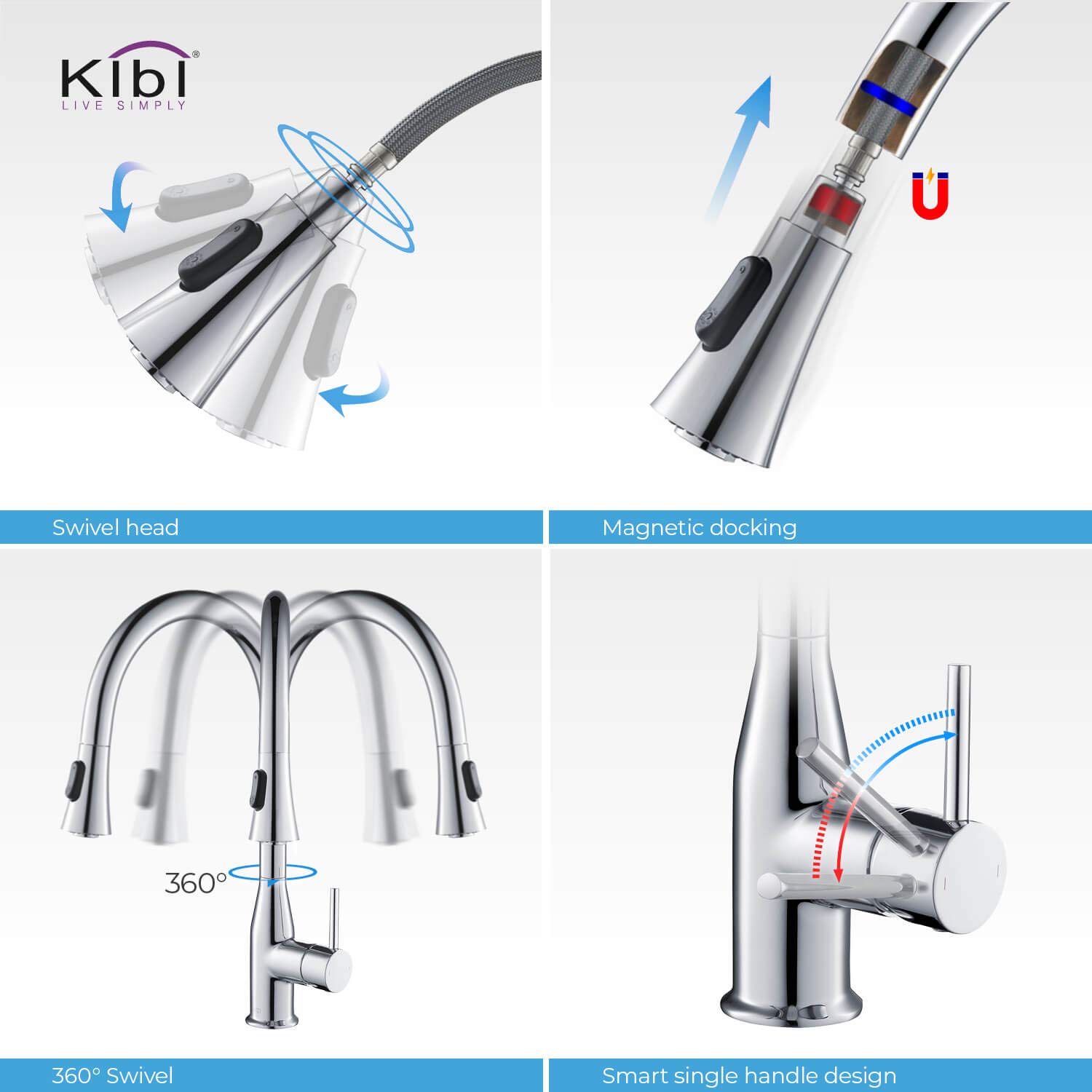 KIBI Napa Single Handle Pull Down Faucet for Kitchen Sink | Solid Brass High Arc Faucet Spout | 360 Degree Swivel Faucet with Pull Down Sprayer (Brushed Nickel) (KKF2005) (Soap Dispenser included)