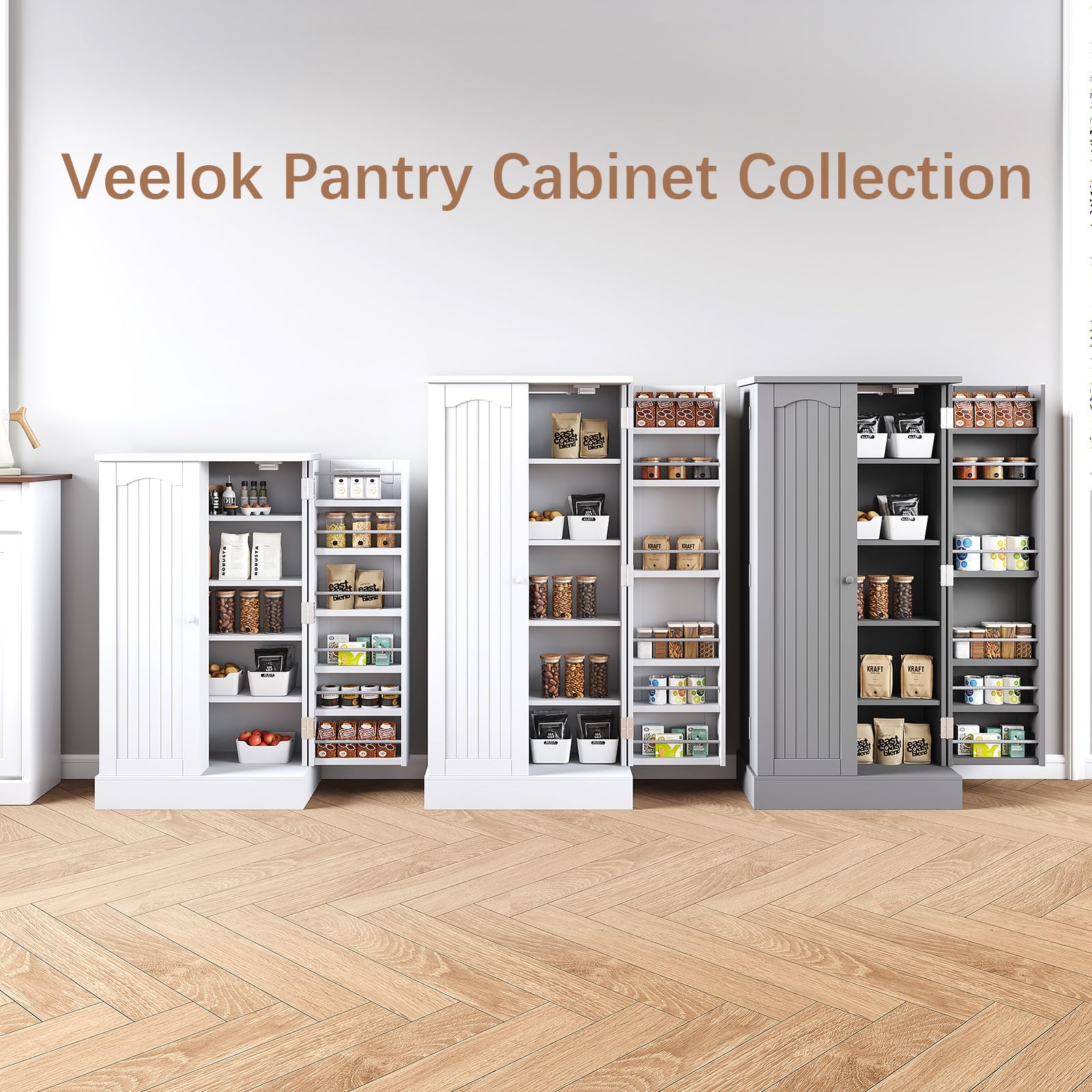 VEELOK 41" Pantry Cabinet with Doors and Adjustable Shelves, White Freestanding Kitchen Pantry Storage Cabinet for Snacks, Food Pantry Cabinet for Small Space, Pantry Closet Cupboard