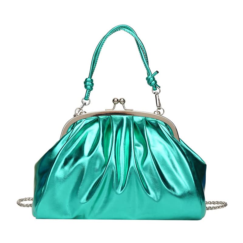 Naimo Glossy Leather Metallic Evening Bag Pleated Clutch Kiss Lock Purses Handbag Tote Crossbody Shoulder Bag