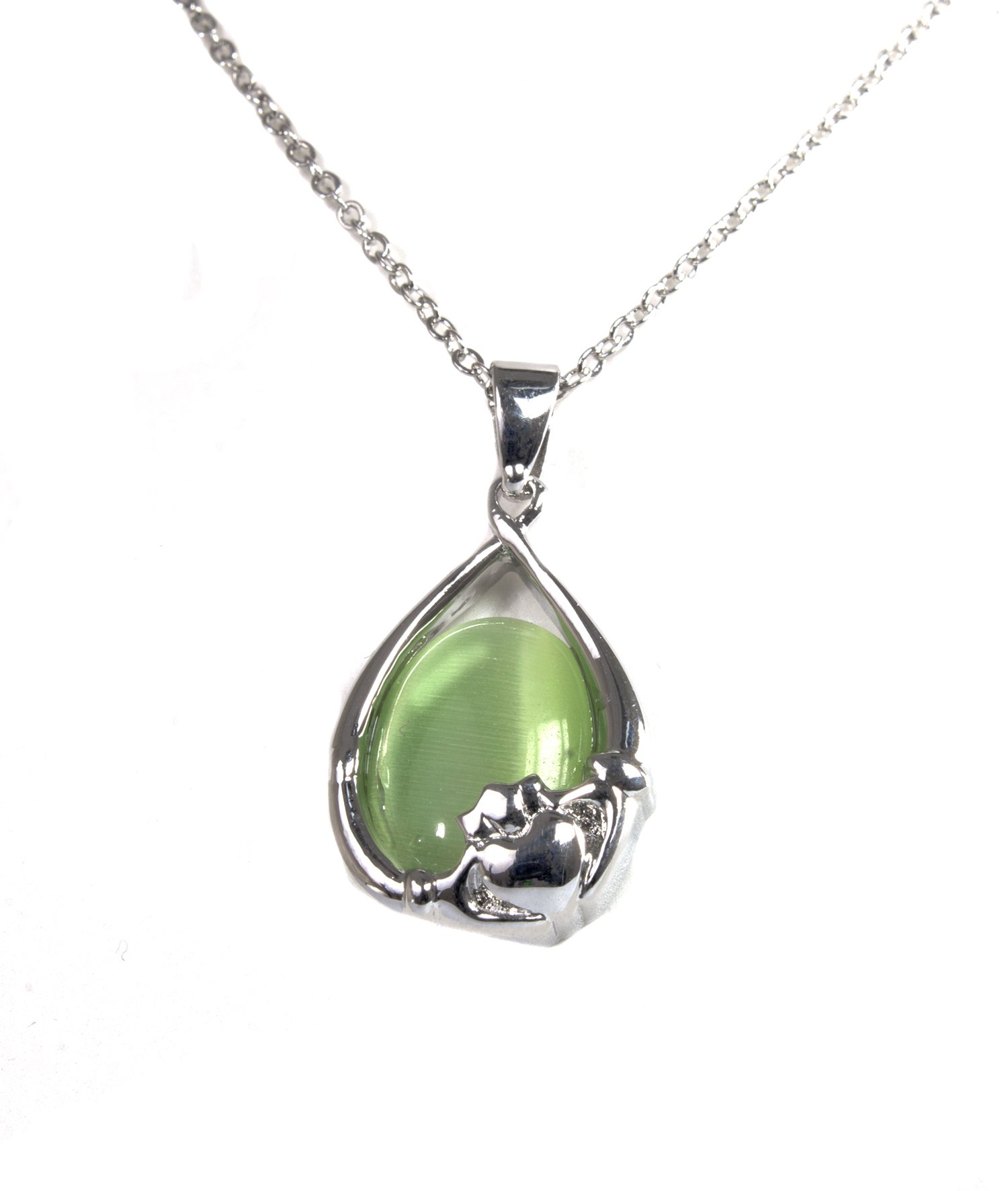 Irish Celtic Rhodium Green Cats Eye Claddagh Pendant by Solvar