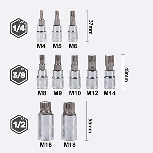 Qnkaa XZN Triple Square Spline Bit Socket Set 10pcs Silver M4 - M18, Premium S2 Alloy Steel, 1/4” 3/8” 1/2” Drive
