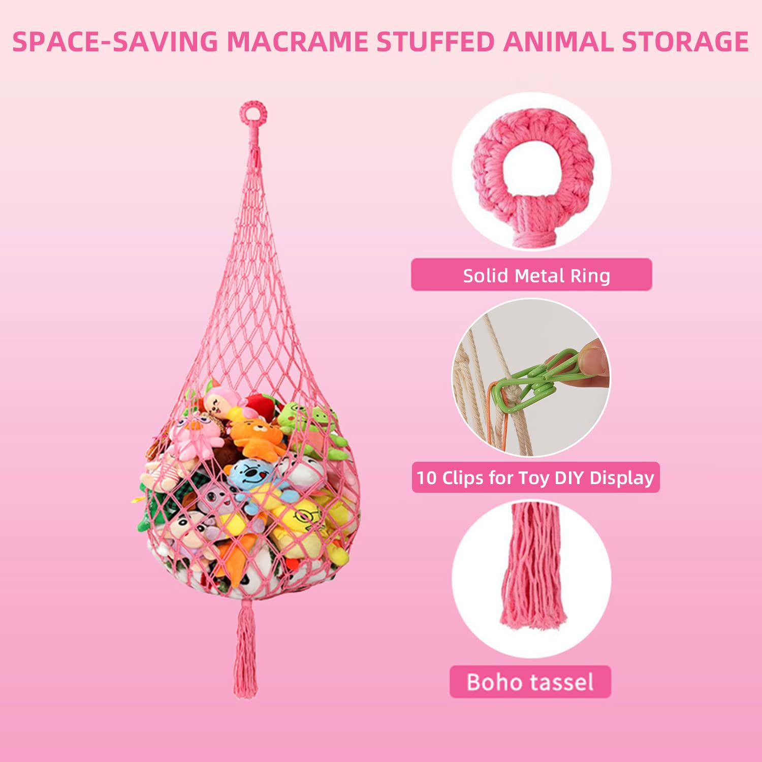 Stuffed Animal Storage Net Hammock, Display Large Plush Toy! Single Hook Ceiling Wall Hanging Stuffed Animal Holder with Swag Hook, Corner Toy Storage Organizer for Kids Bedroom Playroom (Pink)