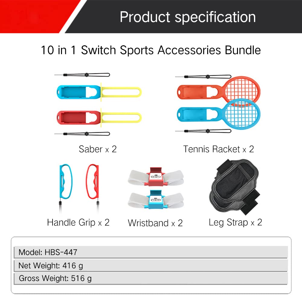 PERFECTSIGHT Switch Sports Accessories Bundle, 10 in 1 Kit for 2022 Nintendo Switch/Switch OLED Sport Games, Joycon Grip for Leg Strap, Hand Strap, Chambara, Bowling Grip and Tennis Badminton Rackets