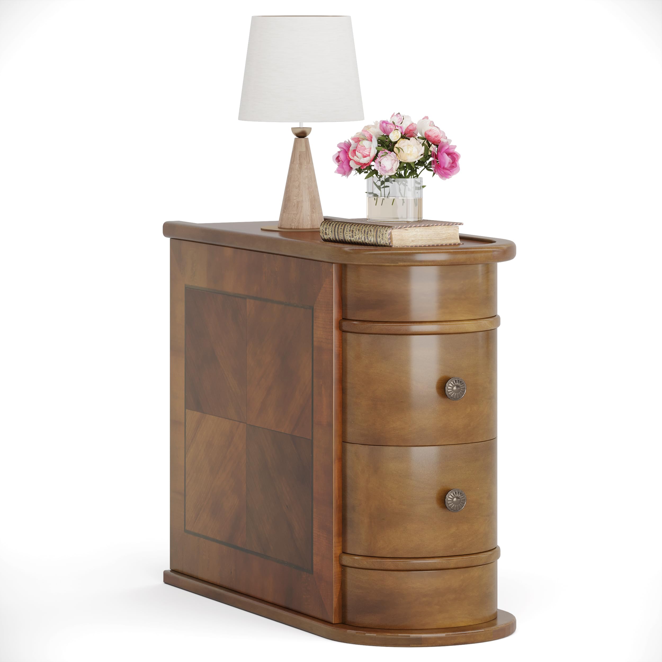 Wood End Table with 2 Drawers, No Assembly Required Narrow Sofa Side Table for Living Room, Vintage Slim Nightstand Bedside Table for Bedroom, Finished Back (2 Drawers, Brown, 1Pc)