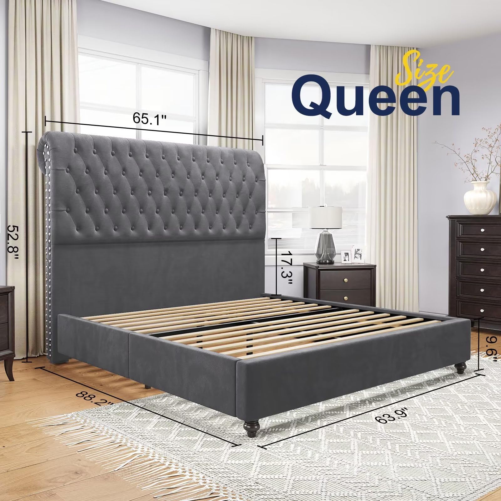 Jocisland Queen Bed Frame, Velvet Upholstered Platform Bed with Button Tufted 52.8" Tall Sleigh Headboard, No Box Spring Needed, Easy Assembly, Gray