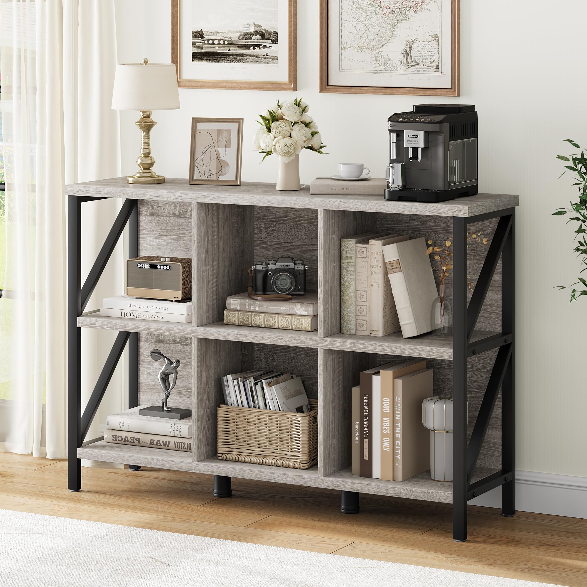 Wpond 6 Cube Storage Organizer, Industrial Horizontal Bookshelf with Metal Frame, Thick Wooden Low & Long Bookshelf for Living Room/Office/Bedroom - Rustic Brown