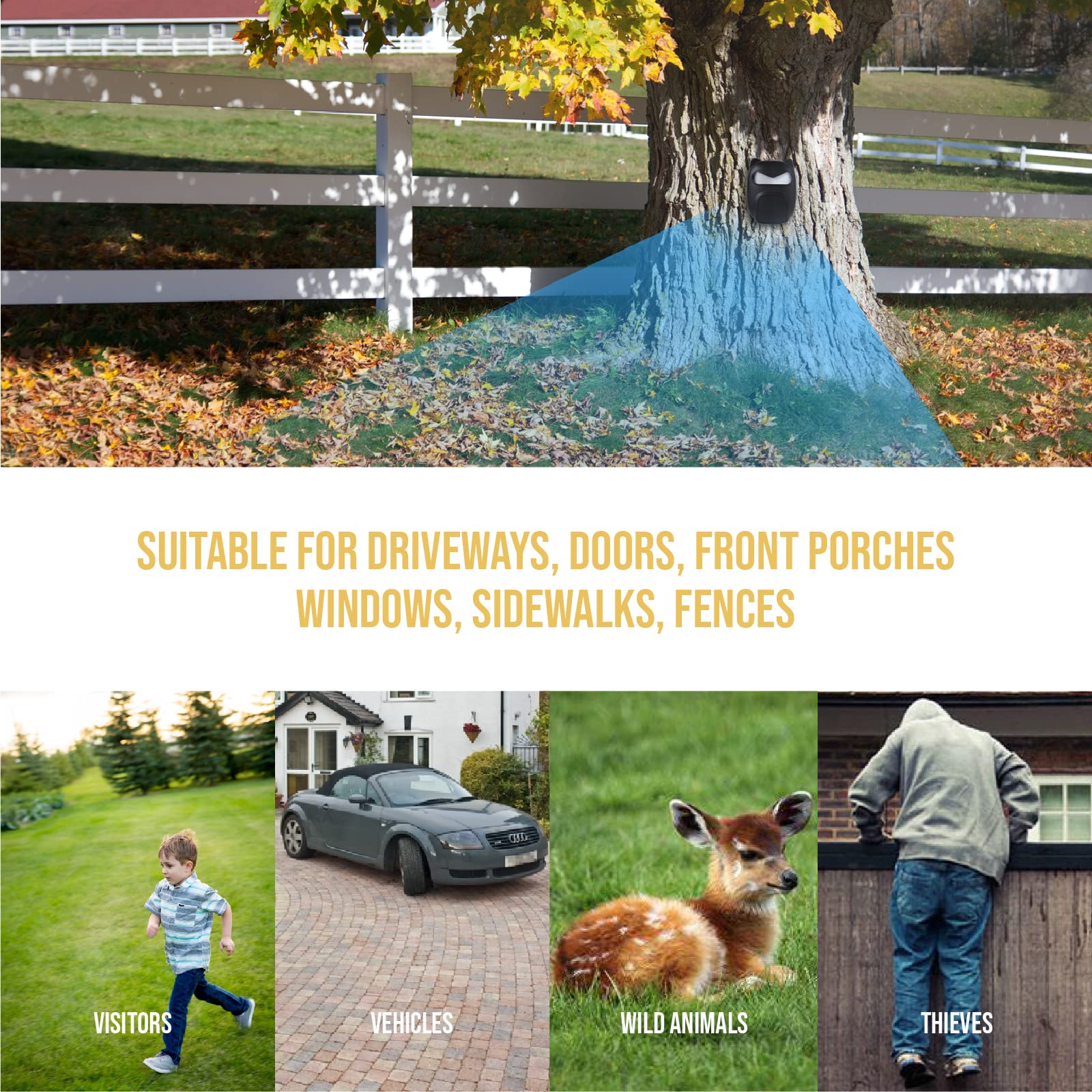 Seanme Driveway Alarm Wireless Outside Weatherproof, 328 ft Long Range Wireless Outdoor Driveway Sensor Alert, 1 Alarm and 2 Waterproof IP65 PIR Motion Detector
