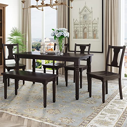 Woanke Table & Chair 6, Wooden Rectangular 4 Chairs and 1 Bench, Rustic Style Dining Table Furniture Set, Gray, Espresso