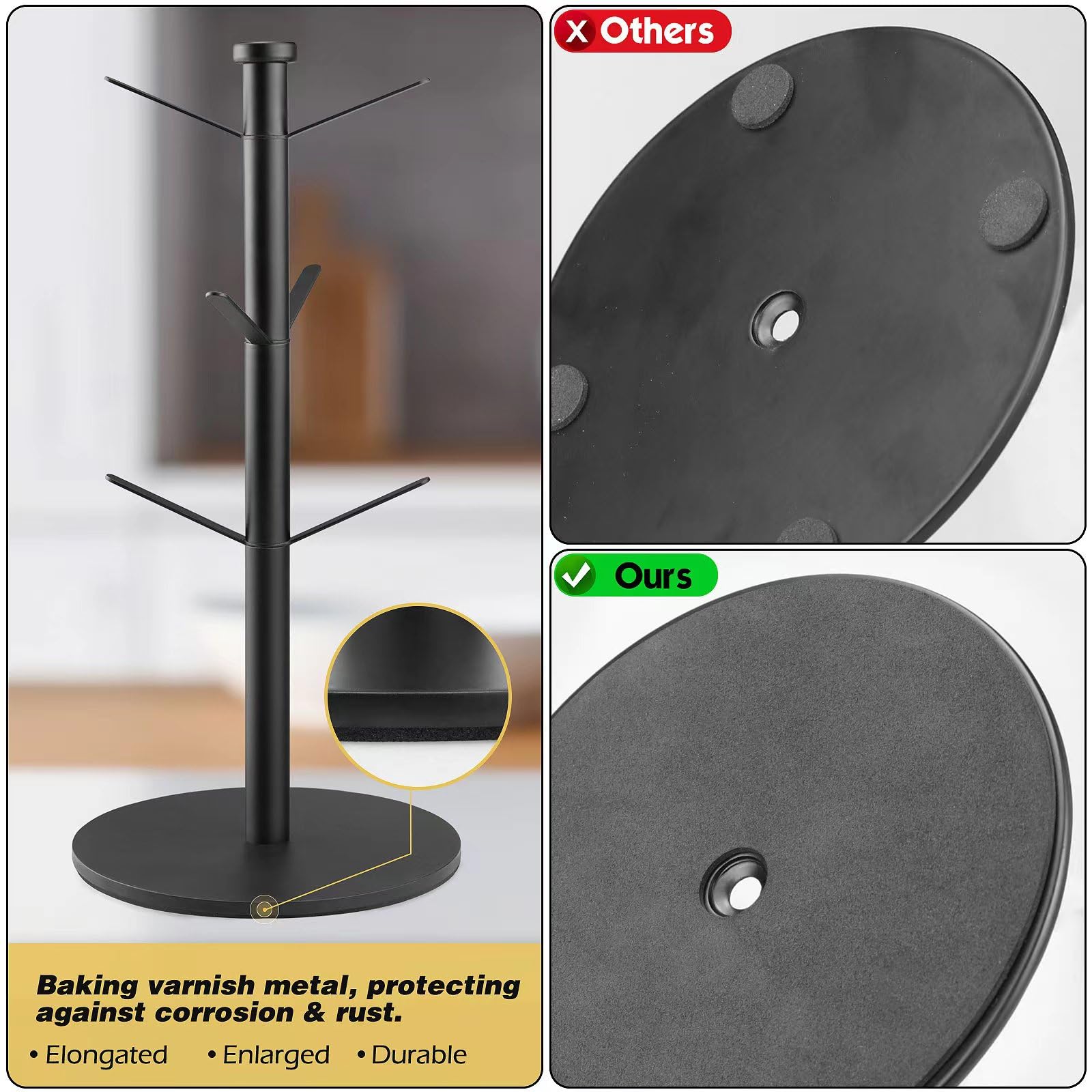 KEWANNO Black Mug Holder Tree, Coffee Mug Holder Countertop, Coffee Cup Holder with 6 Hooks, Weighted Coffee Tree Mug Holder for Counter, Coffee Mug Stand