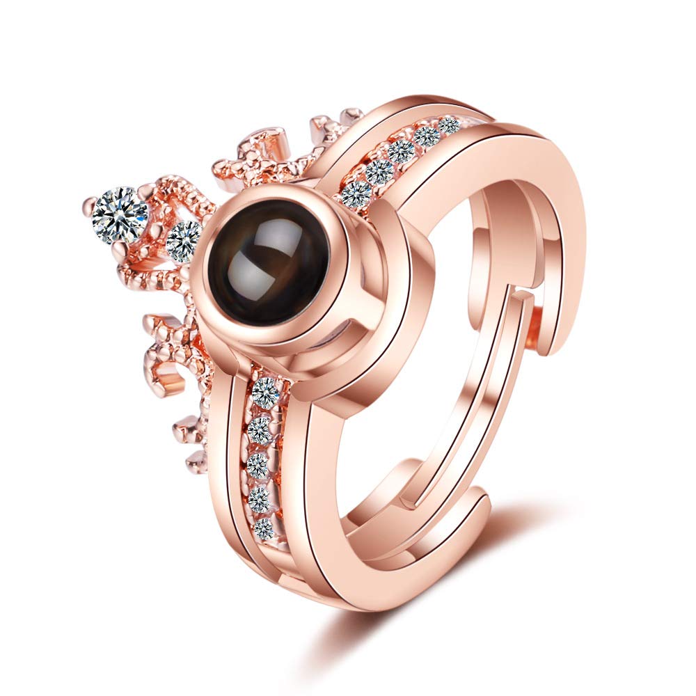 Inf-way I Love You 2-in-1 Open Ring, 100 Languages Projection on Round Onyx Pendant Loving Memory Rings for Christmas Gifts (Crown Gold)