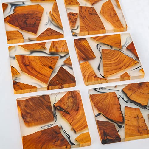 Wood Coasters with Holder, GOH DODD Wooden Drink Coasters Set, Modern Epoxy Coasters, Suitable for Most Kinds of Cups, 6 Pieces, Square
