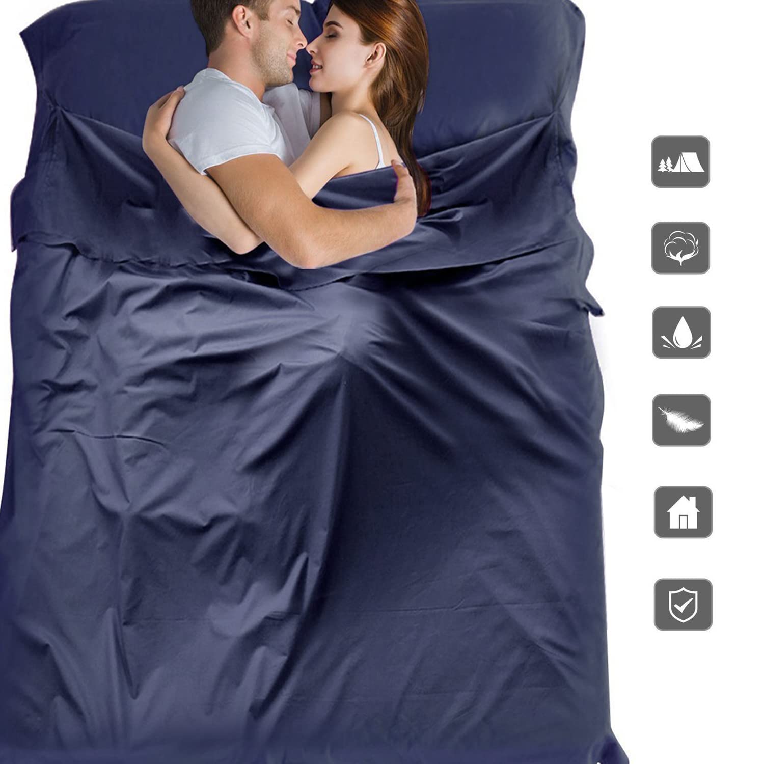 NIUXX Sleeping Bag Liner Camping Travel Bed Sheet with Zipper, Large Breathable Double Sleeping Sack for Backpacking, Hotel Hostels, Lightweight Bed Liner for Outside Travelling (Navy Blue)