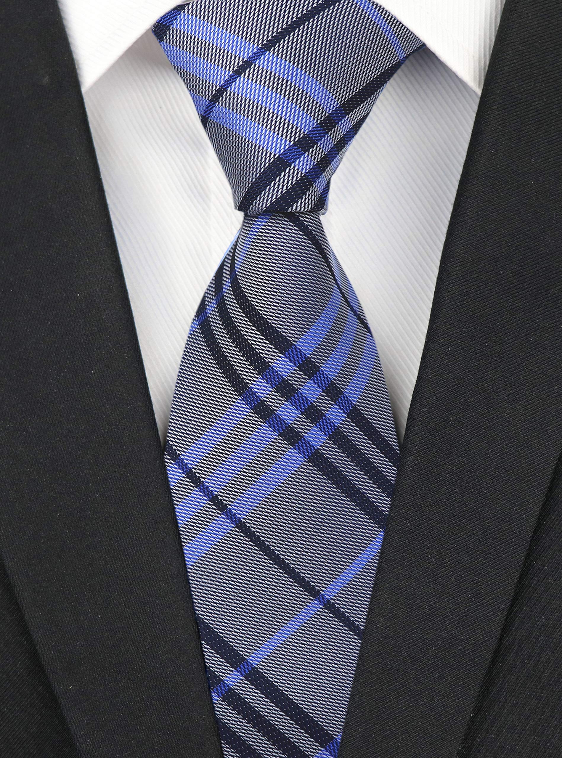 Men's Blue Grey Ties Trendy Tartan Plaid Narrow-width Wedding Necktie for Grooms Thin Blue Line Tie