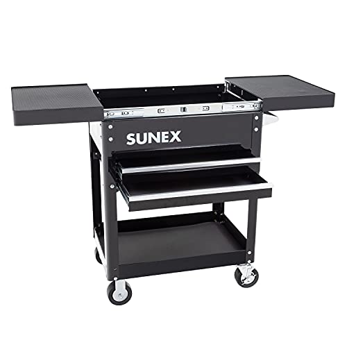 Sunex 8035 Black Compact Slide Utility Cart, Locking Slide Top, Swivel/Locking Casters, 18 Gauge Steel, Latching Drawers, 450-Pound Capacity