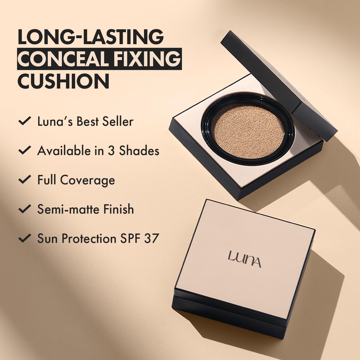 LUNA 50-Hours Conceal Fixing Cushion Foundation SPF 37 (#21 Warm Beige), Refill Included, Semi-Matte Finish, Full Coverage Korean Makeup
