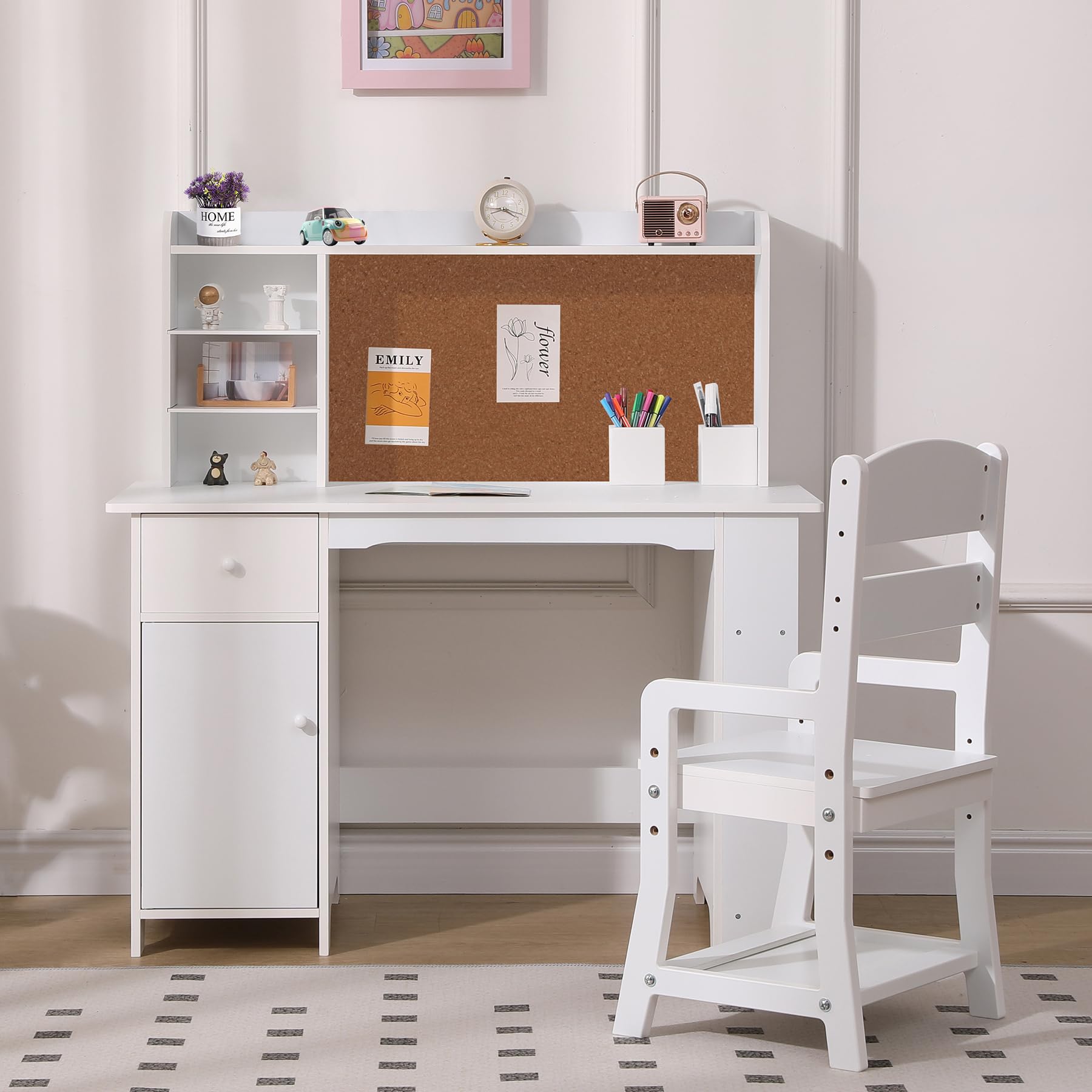White Study Desk and Chair Set with Bookshelf, Bulletin Board, and Cabinets - Ideal for Boys and Girls Ages 3-8