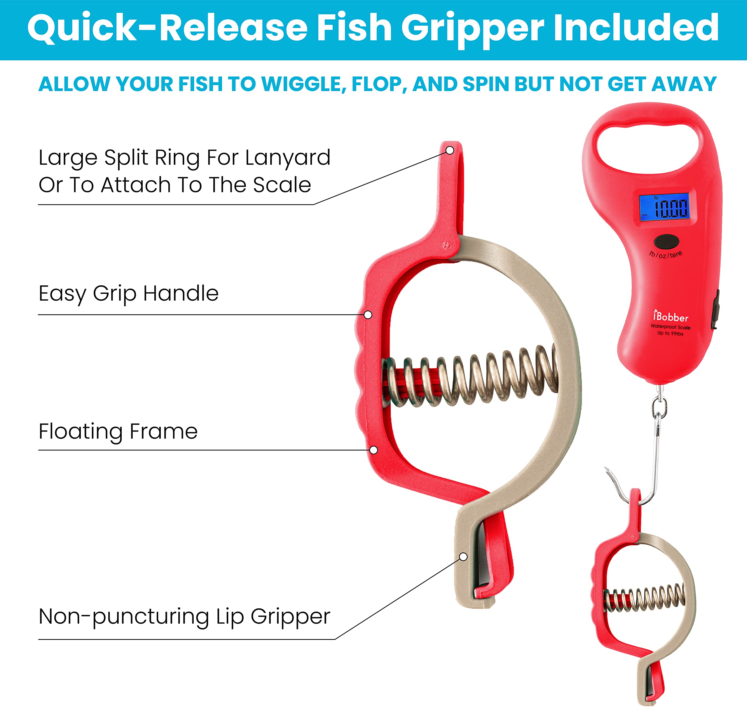 iBobber Waterproof and Floating Digital Fish Scale IP68 Rating, Weights up to 99 LB or 45 KG, Incredibly Simple to Use, Comes with Quick-Release Fish Gripper