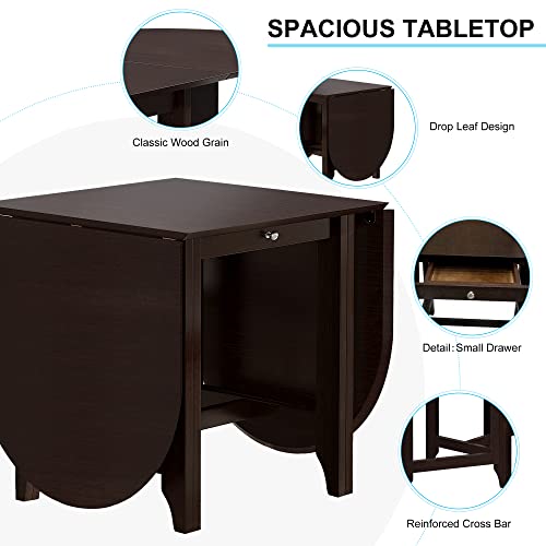 Yoglad Retro Drop-Leaf Table Rustic Rubber Wood Dining Table with Spacious Tabletop and Small Drawer Space Saving Kitchen Table for Kitchen Dining Room (Dark Brown)